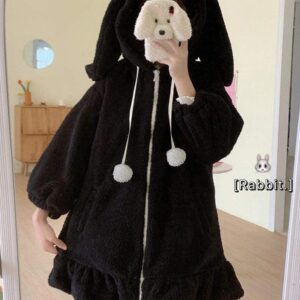 BZB Kawaii Anime Bunny Ear Hoodies For Women Sweet Lovely Fuzzy Fluffy Rabbit Sweater Tops Cosplay Jacket Coats Black