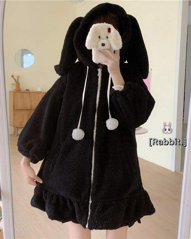 BZB Kawaii Anime Bunny Ear Hoodies For Women Sweet Lovely Fuzzy Fluffy Rabbit Sweater Tops Cosplay Jacket Coats Black