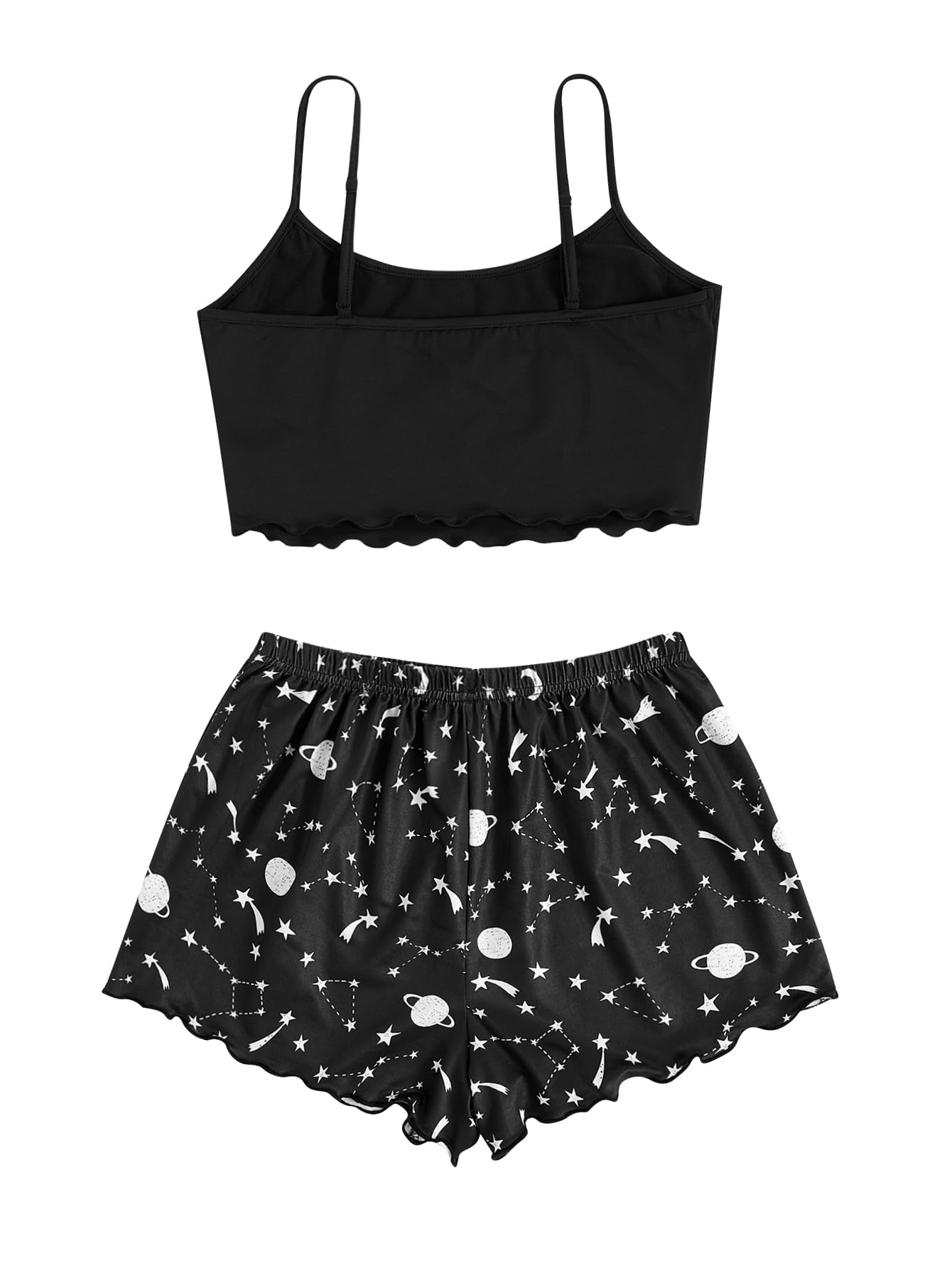 SOLY HUX Women's Cartoon Print Lettuce Trim Cami Top and Shorts Cute Pajama Set Sleepwear Black Star Moon L