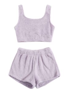 sweatyrocks women's fuzzy pajamas set crop tank top with shorts loungewear lilac purple m