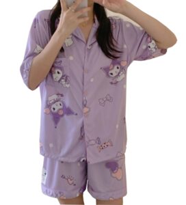 wanhongyue kawaii kuromi pajamas for women girls sleepwear loungewear short sleeve shirt with shorts 2 piece pajama sets purple/1 m