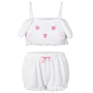 Landofgenie Kawaii Anime Cute Pajamas Set for Women Sweet Lovely Velvet Tube Top and Shorts Sleepwear Suits White XS