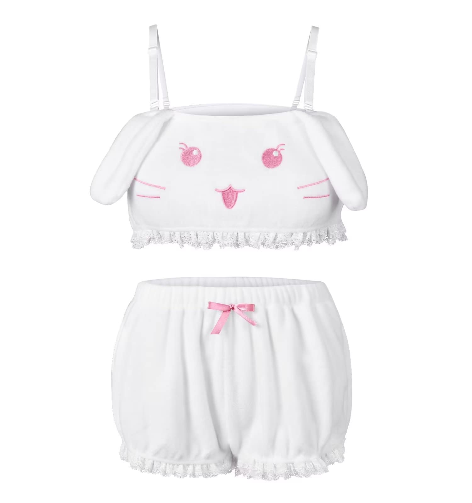 Landofgenie Kawaii Anime Cute Pajamas Set for Women Sweet Lovely Velvet Tube Top and Shorts Sleepwear Suits White XS