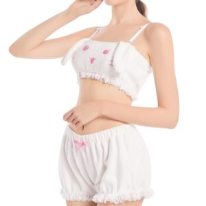 Landofgenie Kawaii Anime Cute Pajamas Set for Women Sweet Lovely Velvet Tube Top and Shorts Sleepwear Suits White XS