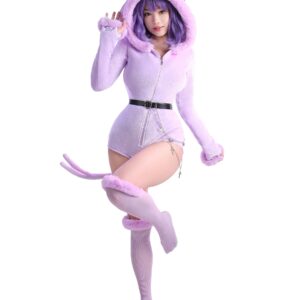 Mobbunny Anime Derivative Romper Onesie Pajamas Bodysuit with Tail Belt and Socks Fluffy Bodycon Hooded Jumpsuit (purple, small)