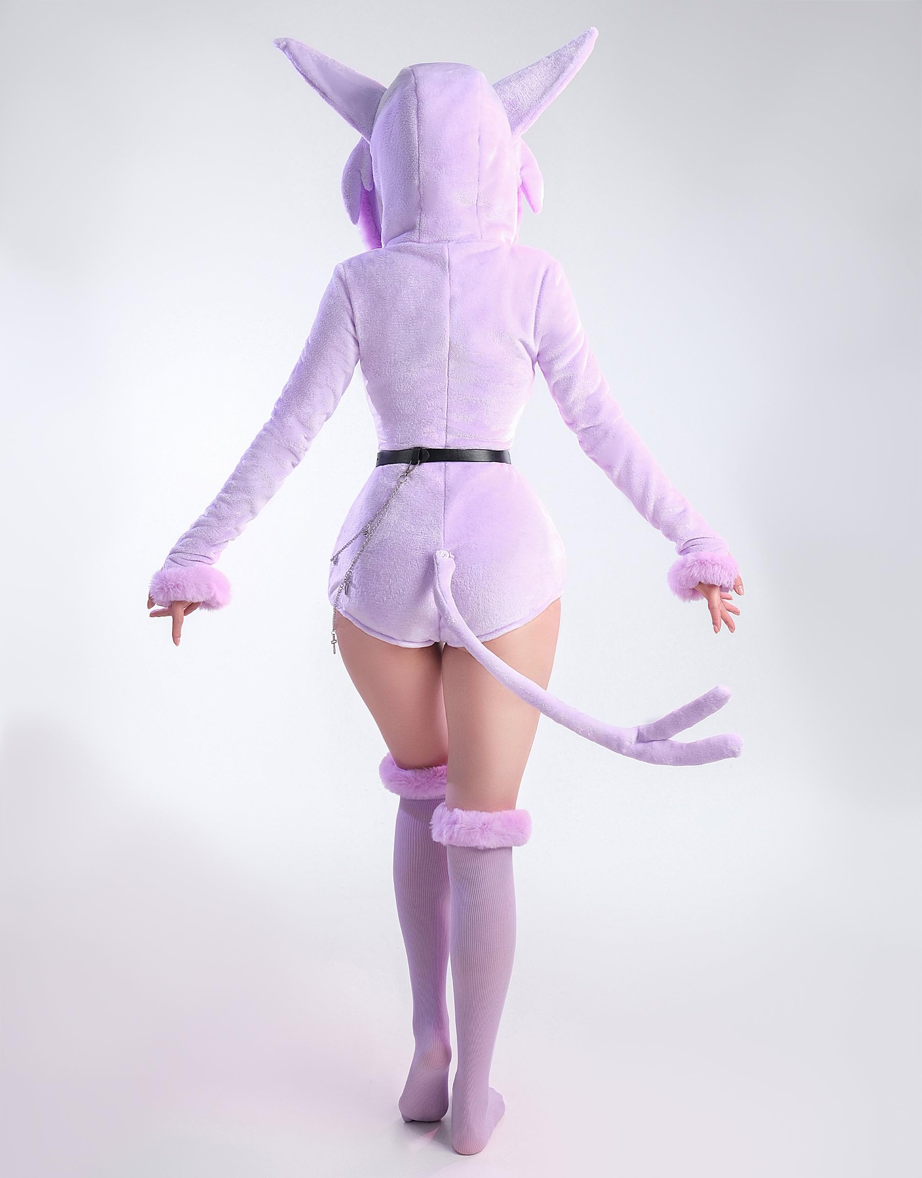 Mobbunny Anime Derivative Romper Onesie Pajamas Bodysuit with Tail Belt and Socks Fluffy Bodycon Hooded Jumpsuit (purple, small)