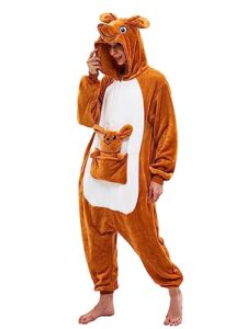 newcosplay unisex adult kangaroo onesie pajamas animal one piece costume cosplay sleepwear (kangaroo, small)