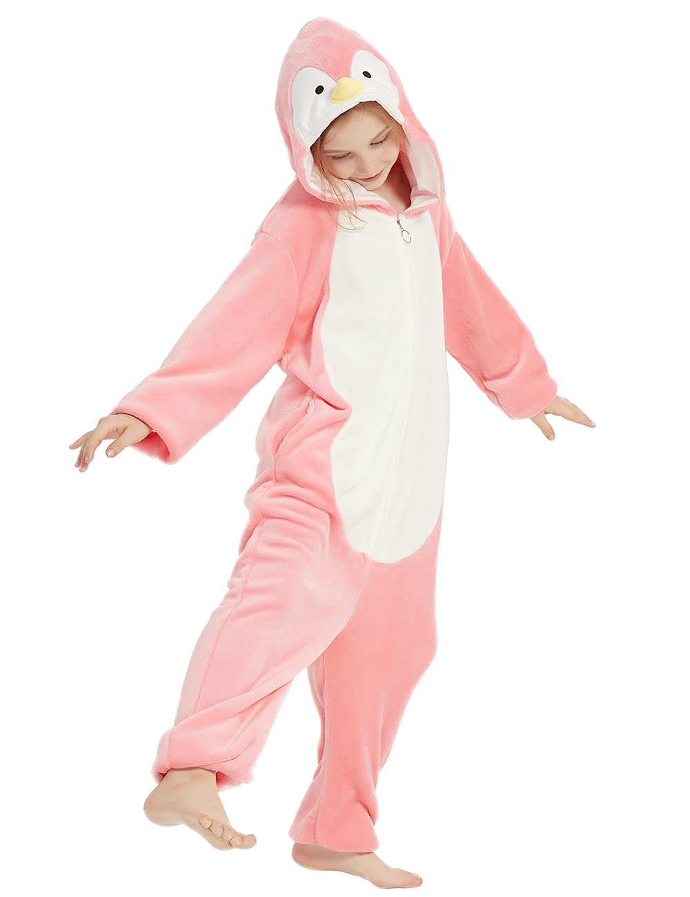 ABENCA Penguin Onesie Kids Animal Costume Girls Pajamas One Piece Plush Sleepwear Cosplay Halloween Christmas.Pink.120