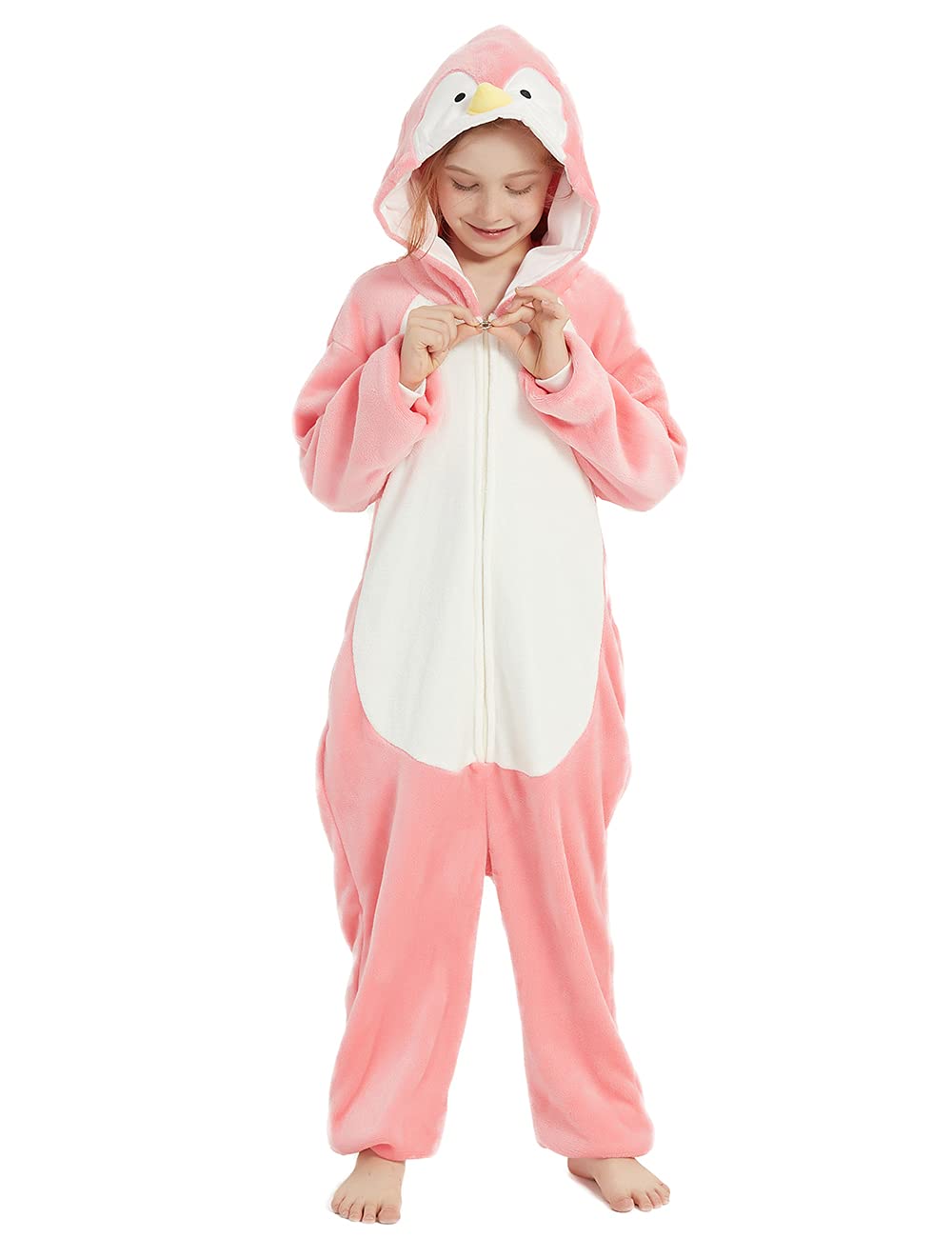 ABENCA Penguin Onesie Kids Animal Costume Girls Pajamas One Piece Plush Sleepwear Cosplay Halloween Christmas.Pink.120