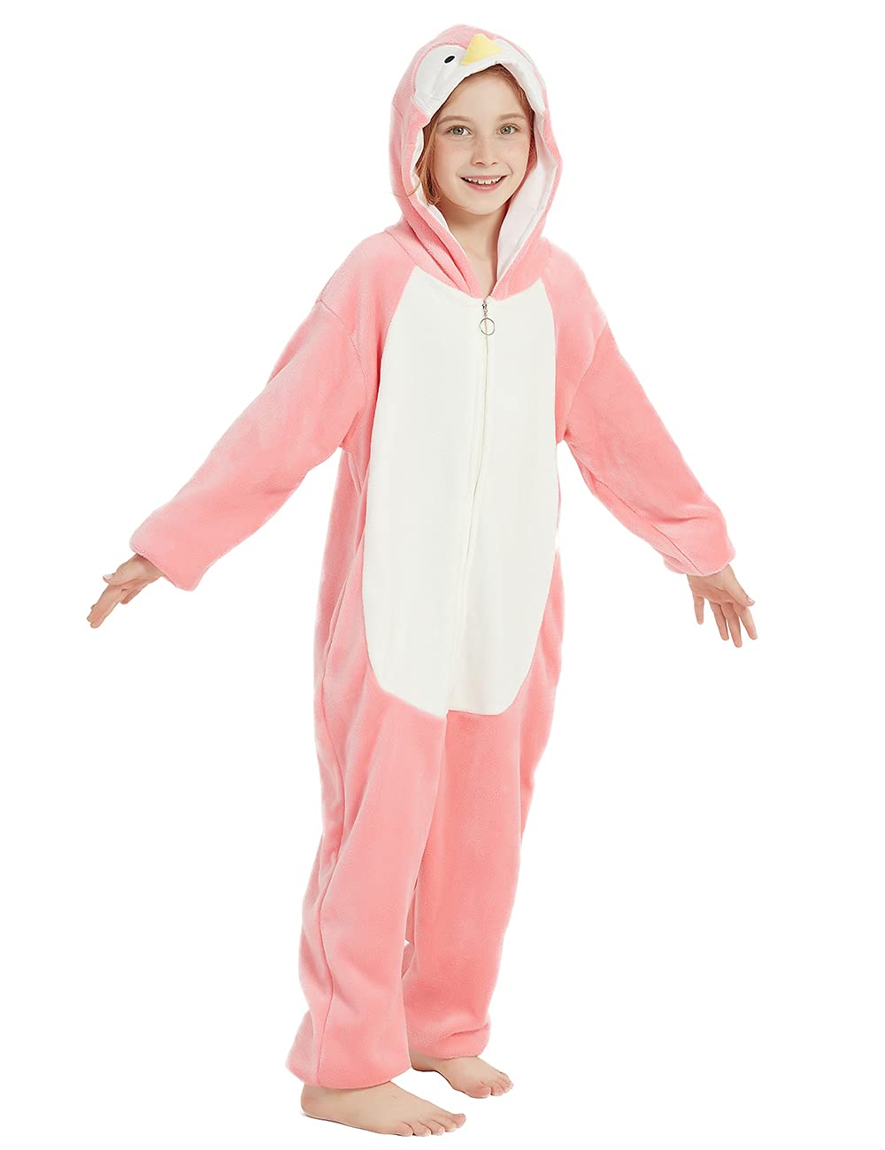 ABENCA Penguin Onesie Kids Animal Costume Girls Pajamas One Piece Plush Sleepwear Cosplay Halloween Christmas.Pink.120