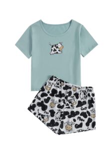 sweatyrocks women's cute graphic print short sleeve crop top with shorts pajama set blue black cow m