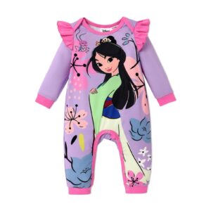 disney princess rapunzel ariel belle tiana baby girls ruffle long sleeve romper newborn to infant purple 6-9 months