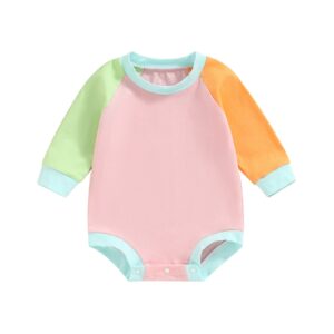 jlkgicf baby girl boy color block sweatshirt long sleeve crewneck sweater romper oversized onesie outfit cute fall clothes(d-green&orange&pink, 18-24 months)