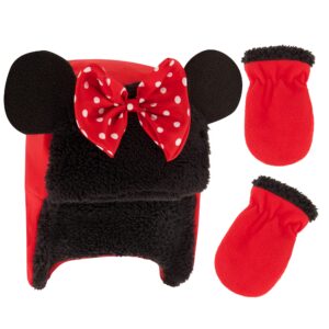 disney baby girls minnie mouse toddler fleece trapper winter with sherpa lining and mitten set beanie hat, minnie mouse, 2-4t us