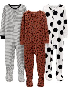 simple joys by carter's girls' 3-pack snug fit footed cotton pajamas, brown animal print/grey polka dot/white stripe, 6-9 months