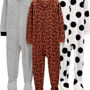 Simple Joys by Carter's Girls' 3-Pack Snug Fit Footed Cotton Pajamas, Brown Animal Print/Grey Polka Dot/White Stripe, 6-9 Months