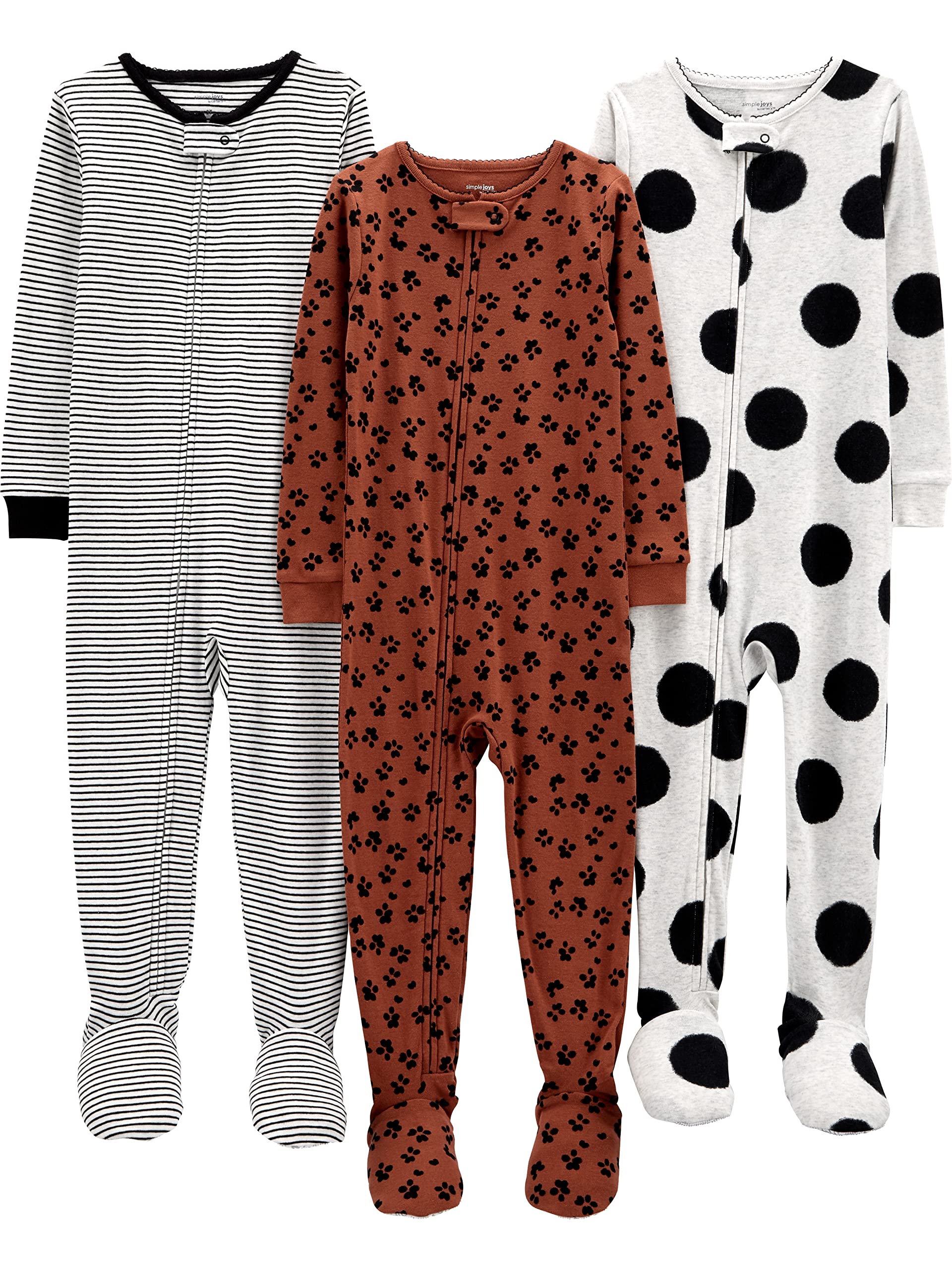 Simple Joys by Carter's Girls' 3-Pack Snug Fit Footed Cotton Pajamas, Brown Animal Print/Grey Polka Dot/White Stripe, 6-9 Months