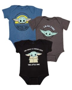 disney boys' star wars baby yoda creeper onesies bodysuits 3 pack, 3pk grey-blue-black, 0-3 months