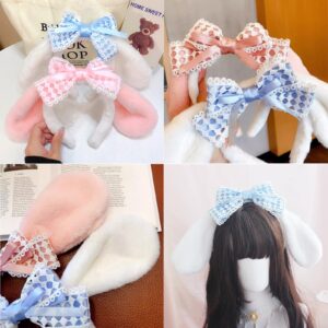 PUCAPOCO Bunny Ears Headband Furry Rabbit Puppy Dog Ears Headband Cute JK Bowknot Headwear for Girls Women Facial Makeup Anime Costume Cosplay(Blue)