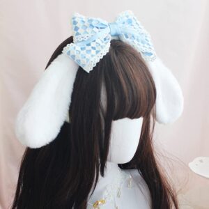 PUCAPOCO Bunny Ears Headband Furry Rabbit Puppy Dog Ears Headband Cute JK Bowknot Headwear for Girls Women Facial Makeup Anime Costume Cosplay(Blue)