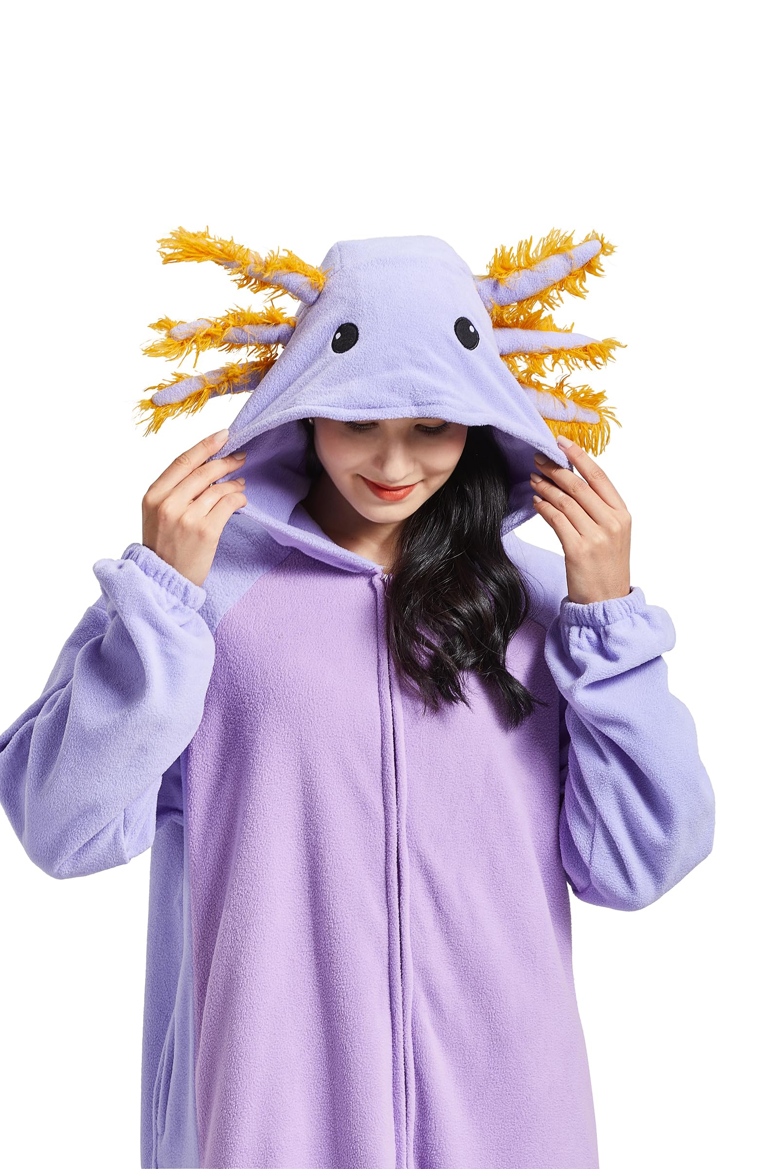 DarkCom Animal Onesie Adult Pajamas, One Piece Cosplay Black Axolotl Onesie Halloween Christmas Costume Sleepwear for Women Men Small