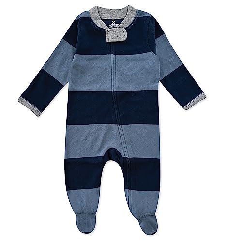 HonestBaby Sleep and Play Footed Pajamas One-Piece Sleeper Jumpsuit Zip-front PJs Organic Cotton for Baby Boys, Unisex, Rugby Stripe Navy, 0-3 Months