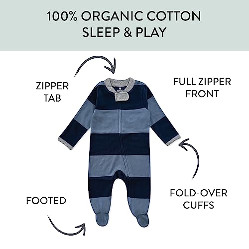 HonestBaby Sleep and Play Footed Pajamas One-Piece Sleeper Jumpsuit Zip-front PJs Organic Cotton for Baby Boys, Unisex, Rugby Stripe Navy, 0-3 Months