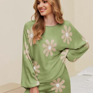 Ekouaer Knit Pajamas Set for Women Lounge Sets 2 Piece Long Sleeve Top and Shorts Pj Soft Sleepwear Cute Sweater Outfits Floral Green S