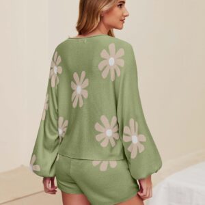 Ekouaer Knit Pajamas Set for Women Lounge Sets 2 Piece Long Sleeve Top and Shorts Pj Soft Sleepwear Cute Sweater Outfits Floral Green S