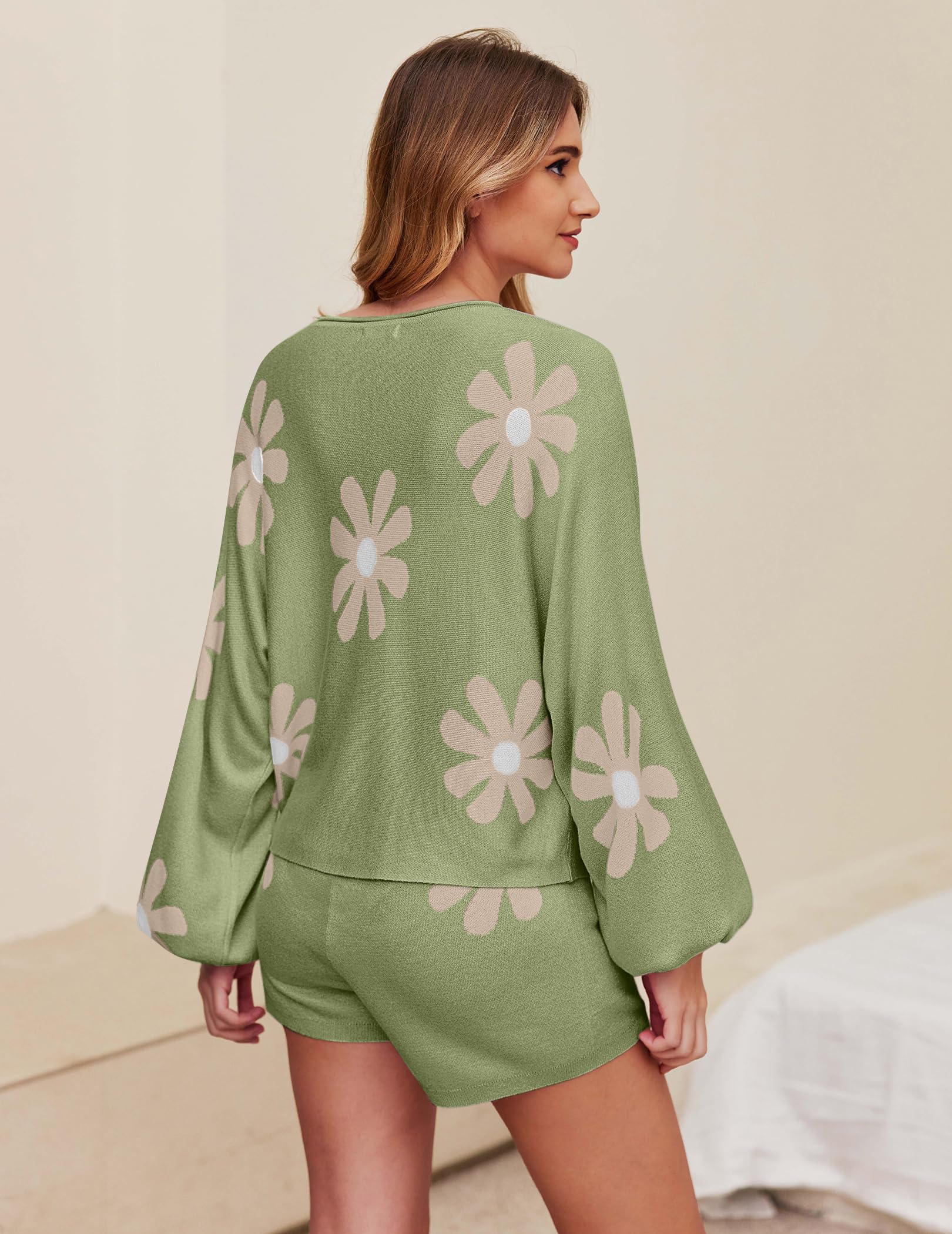 Ekouaer Knit Pajamas Set for Women Lounge Sets 2 Piece Long Sleeve Top and Shorts Pj Soft Sleepwear Cute Sweater Outfits Floral Green S