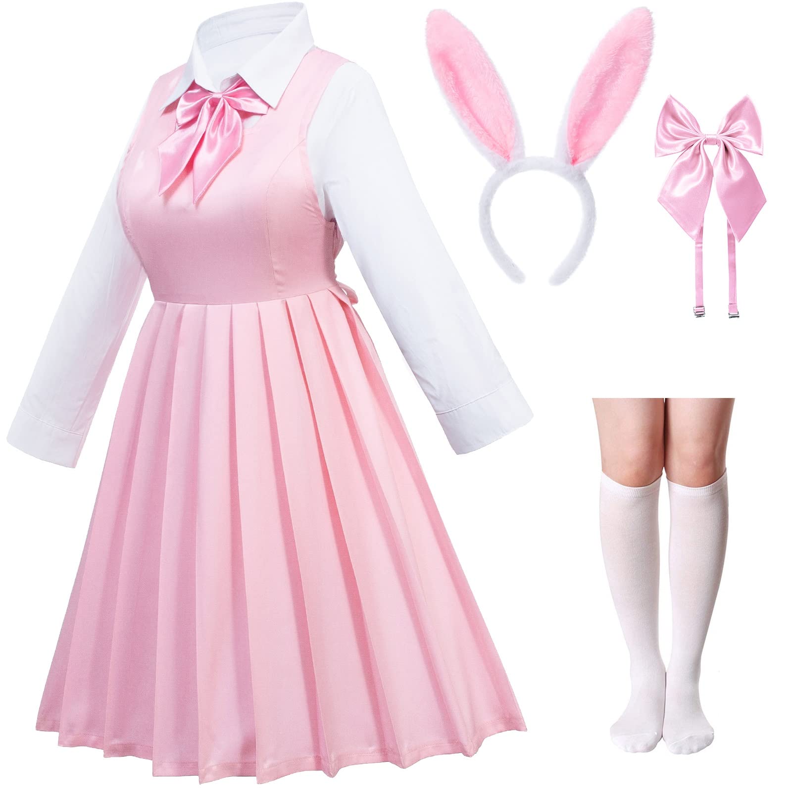 Classic Japanese School Girls Sailor Suit Dress Shirt Skirt JK Kawaii Anime Bunny Ears Cosplay Costumes Socks Bow Set Pink L