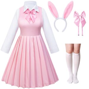 Classic Japanese School Girls Sailor Suit Dress Shirt Skirt JK Kawaii Anime Bunny Ears Cosplay Costumes Socks Bow Set Pink L