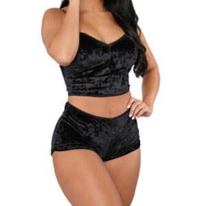 ruewey women sexy strappy babydoll lingerie satin pajama set camisole with shorts 2 piece sleepwear (s, black)