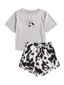 wdirara women's cartoon cow print short sleeve tee and shorts pajama set multicolored xs