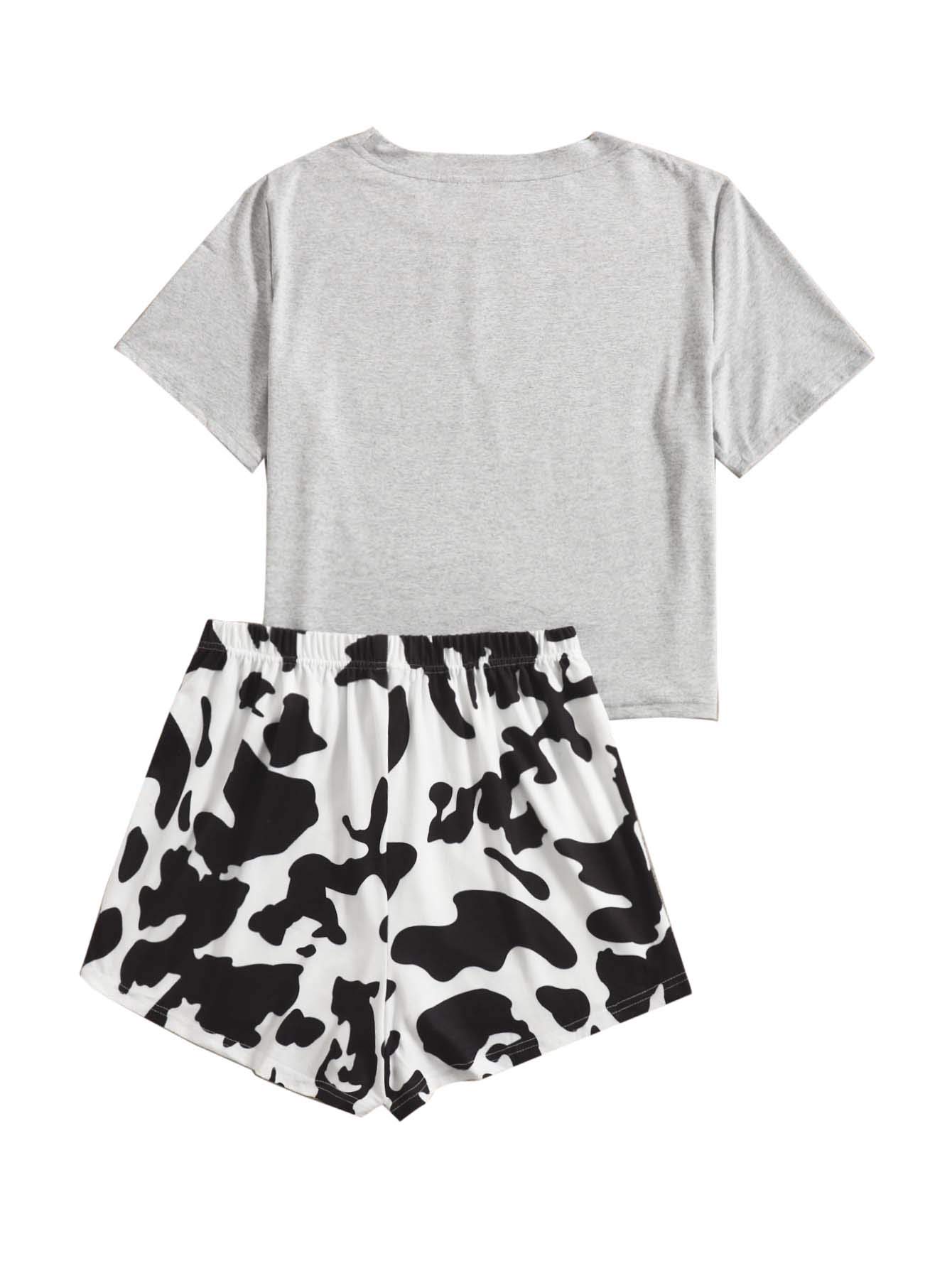 WDIRARA Women's Cartoon Cow Print Short Sleeve Tee and Shorts Pajama Set Multicolored XS