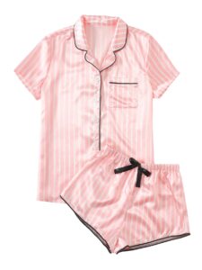 wdirara women's satin sleepwear short sleeve button shirt and shorts pajama set silky pj striped pink m