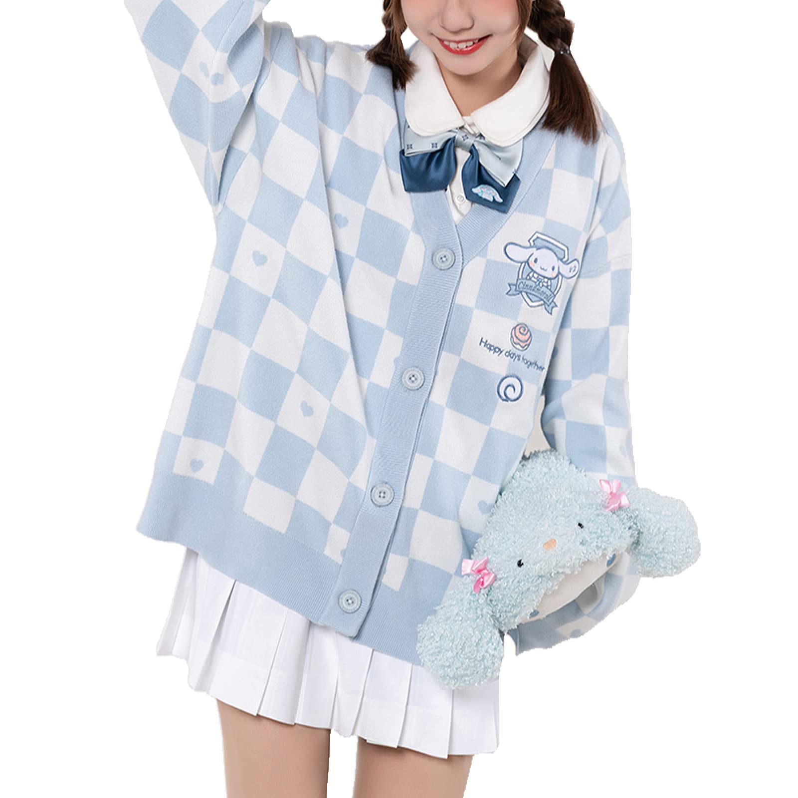 watacneer Women's Japan Cute Cardigan Sweater Kawaii JK Uniform Knitted Outerwea Cartoon Cosplay Sweaters with Hairband and Bracelet Blue