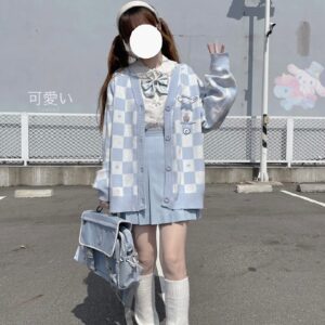 watacneer Women's Japan Cute Cardigan Sweater Kawaii JK Uniform Knitted Outerwea Cartoon Cosplay Sweaters with Hairband and Bracelet Blue