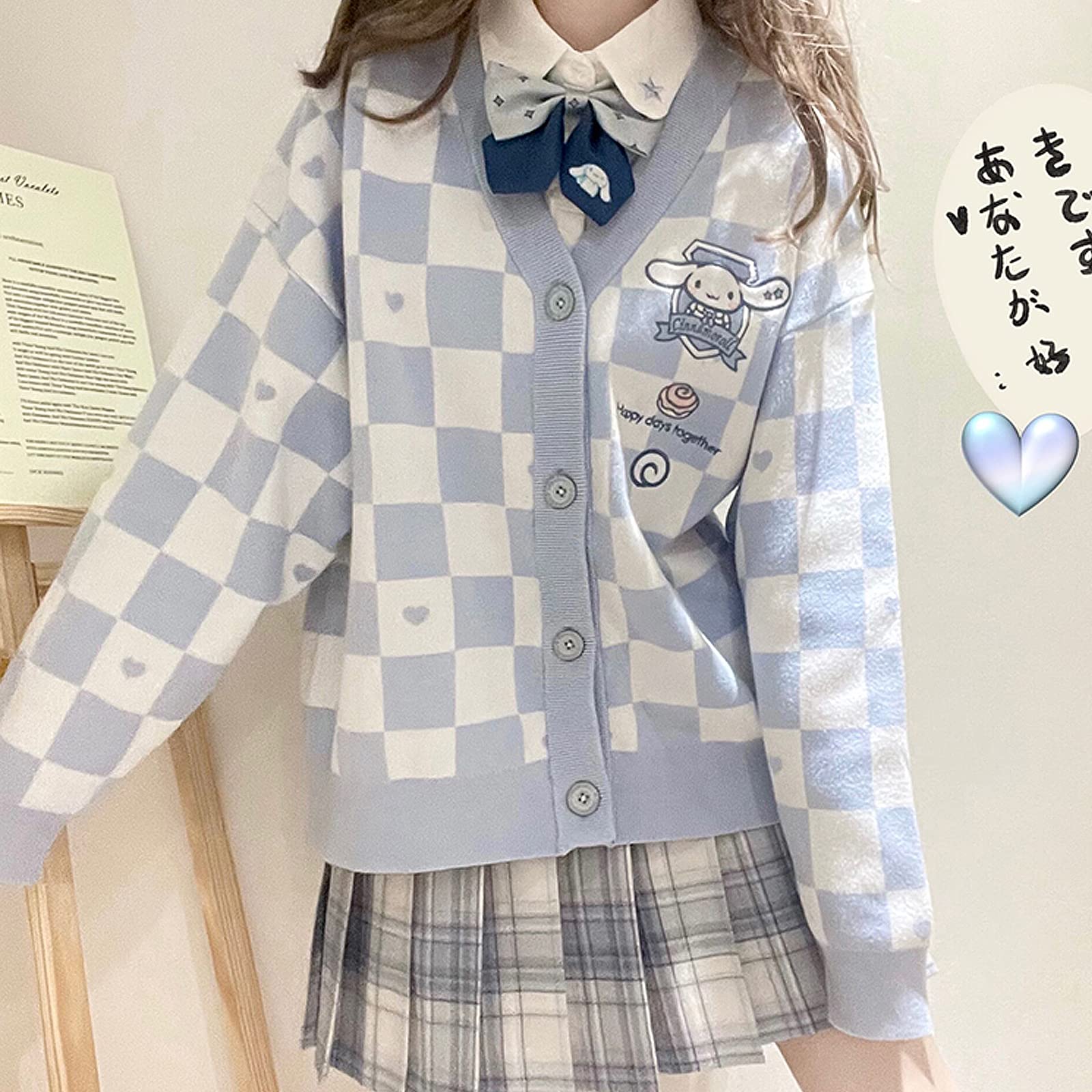 watacneer Women's Japan Cute Cardigan Sweater Kawaii JK Uniform Knitted Outerwea Cartoon Cosplay Sweaters with Hairband and Bracelet Blue