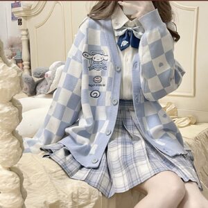 watacneer Women's Japan Cute Cardigan Sweater Kawaii JK Uniform Knitted Outerwea Cartoon Cosplay Sweaters with Hairband and Bracelet Blue