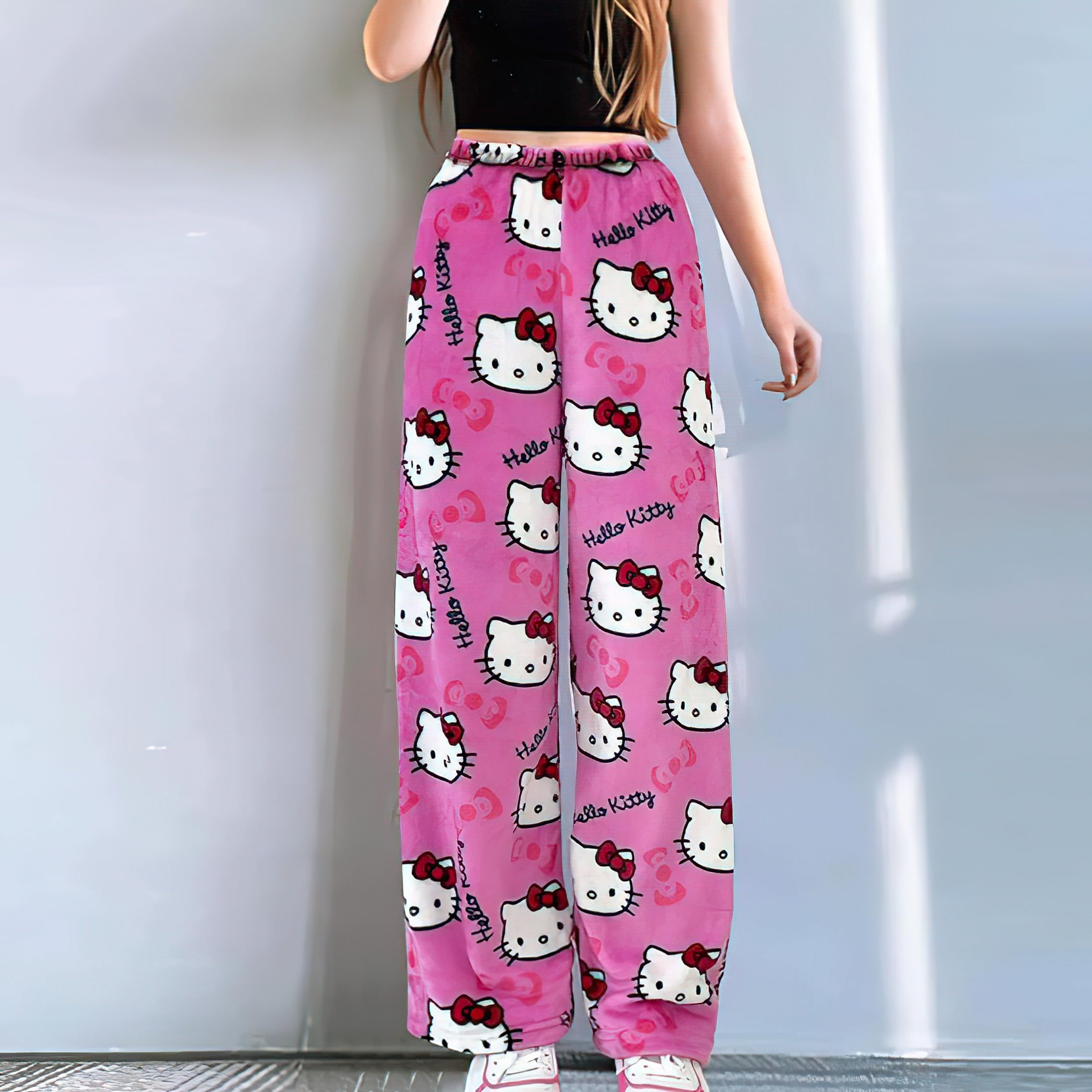 Anime Pajamas Pants Women's Girls Cartoon Cat All Character Print Flannel Lounge Sleep Bottoms Pajama Pants Christmas