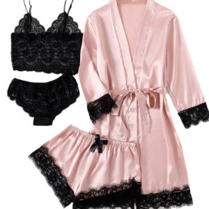 LYANER Women's 4pcs Sleepwear Satin Floral Lace Trim Cami Pajama Set with Robe Solid Pink Medium