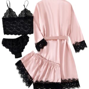 LYANER Women's 4pcs Sleepwear Satin Floral Lace Trim Cami Pajama Set with Robe Solid Pink Medium