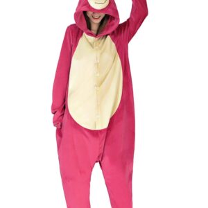 Ruleewe Unisex Bear Onesie Pajamas Pink Bear One Piece Cosplay Animal Hooded Velvet Jumpsuit Sleepwear