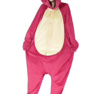 Ruleewe Unisex Bear Onesie Pajamas Pink Bear One Piece Cosplay Animal Hooded Velvet Jumpsuit Sleepwear