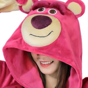 Ruleewe Unisex Bear Onesie Pajamas Pink Bear One Piece Cosplay Animal Hooded Velvet Jumpsuit Sleepwear