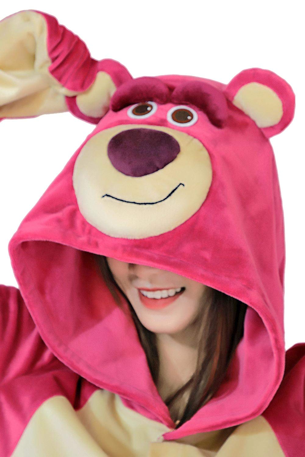 Ruleewe Unisex Bear Onesie Pajamas Pink Bear One Piece Cosplay Animal Hooded Velvet Jumpsuit Sleepwear