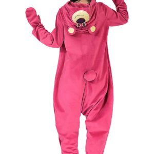 Ruleewe Unisex Bear Onesie Pajamas Pink Bear One Piece Cosplay Animal Hooded Velvet Jumpsuit Sleepwear