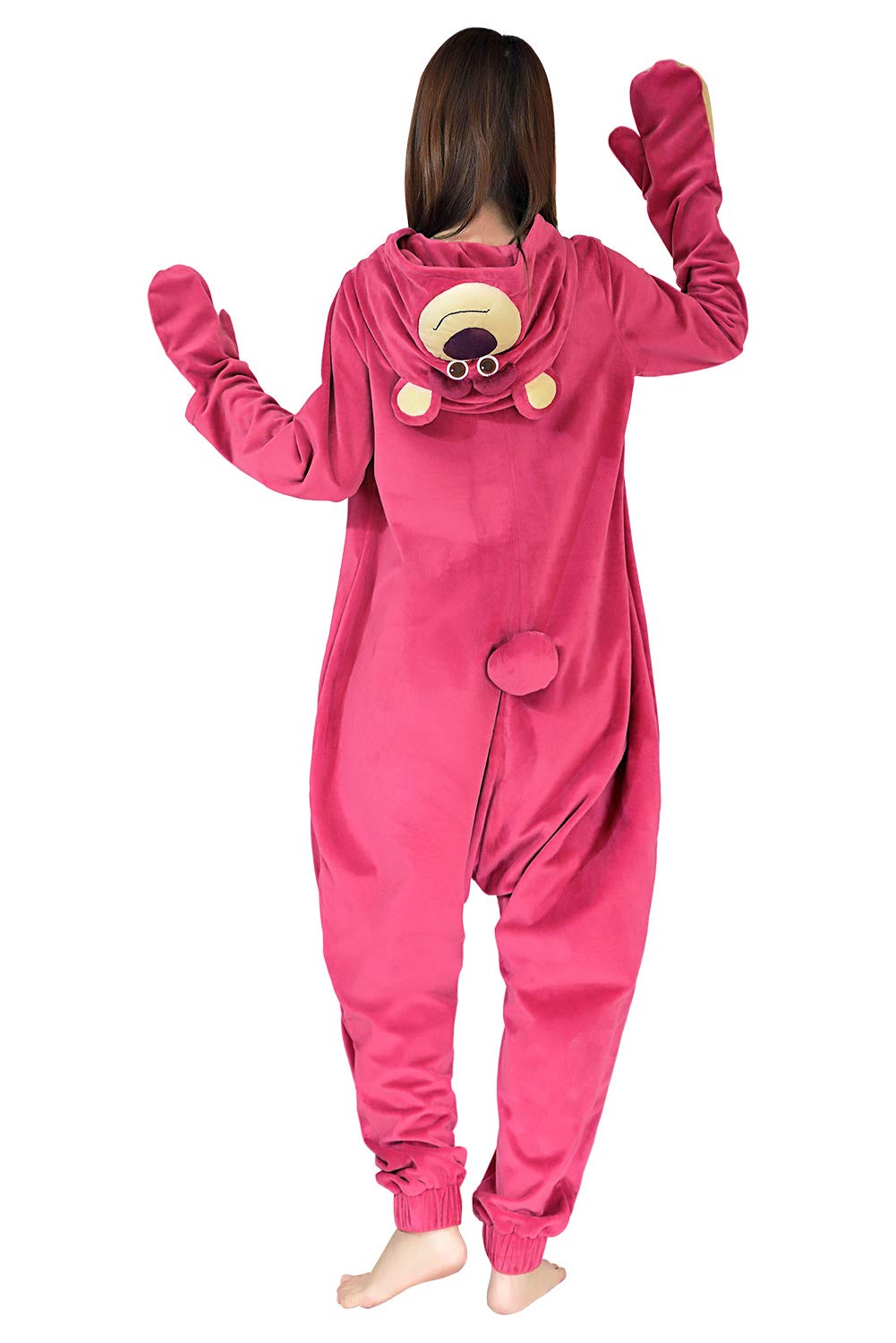 Ruleewe Unisex Bear Onesie Pajamas Pink Bear One Piece Cosplay Animal Hooded Velvet Jumpsuit Sleepwear