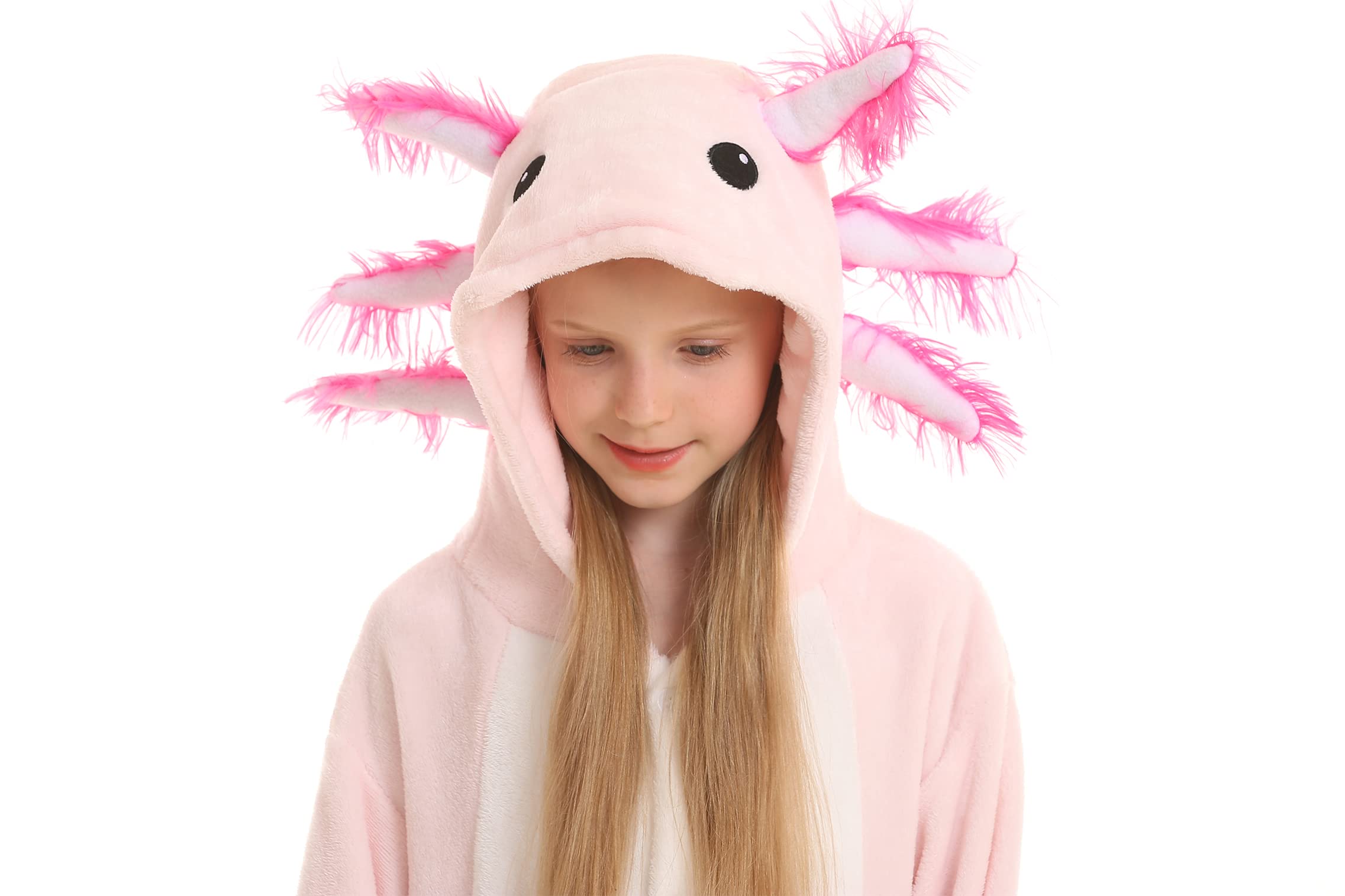 DELEY Unisex Pink Axolotl Onesie Kid Pajamas, Flannel Animal One Piece Costume Sleepwear Halloween Cosplay Homewear